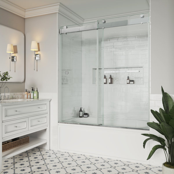 MCOCOD 56" - 60" W x 66" H Double Sliding Frameless Tub Door with Soft-Closing and 3/8 in.Clear ...